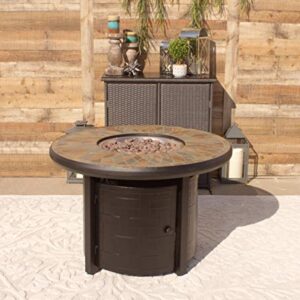 Pebble Lane LIving 42" Natural Slate and Copper Top Outdoor Propane Gas Fire Pit Table: Powder-Coated Black Frame