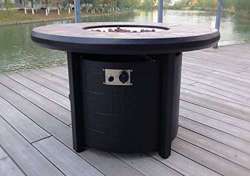 Pebble Lane LIving 42" Natural Slate and Copper Top Outdoor Propane Gas Fire Pit Table: Powder-Coated Black Frame