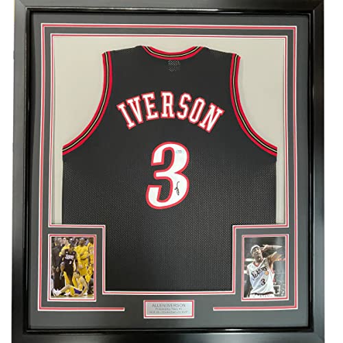 Framed Autographed/Signed Allen Iverson 33x42 Philadelphia Black Basketball Jersey JSA COA