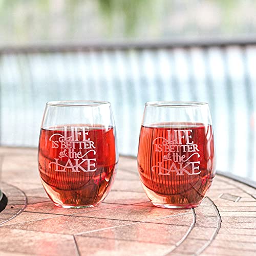 Life is Better at the Lake, Lake House Decor, Set of Two 20oz Etched Wine Glasses