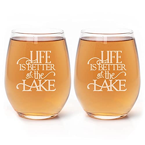 Life is Better at the Lake, Lake House Decor, Set of Two 20oz Etched Wine Glasses