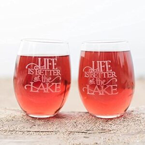 Life is Better at the Lake, Lake House Decor, Set of Two 20oz Etched Wine Glasses