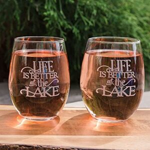 Life is Better at the Lake, Lake House Decor, Set of Two 20oz Etched Wine Glasses