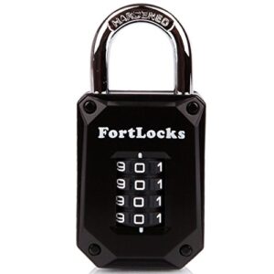 fortlocks gym locker lock - 4 digit, heavy duty, hardened stainless steel, weatherproof and outdoor combination padlock - easy to read numbers - resettable and cut proof combo code - 1 pack black