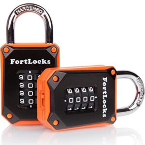 2 pack fortlocks gym locker lock - 4 digit, heavy duty, hardened stainless steel, weatherproof and outdoor combination padlock - easy to read numbers - resettable and cut proof combo code - orange