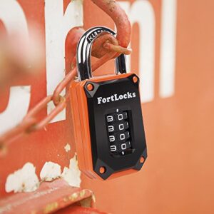 2 Pack FortLocks Gym Locker Lock - 4 Digit, Heavy Duty, Hardened Stainless Steel, Weatherproof and Outdoor Combination Padlock - Easy to Read Numbers - Resettable and Cut Proof Combo Code - Orange