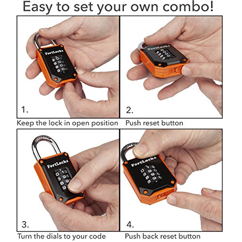 2 Pack FortLocks Gym Locker Lock - 4 Digit, Heavy Duty, Hardened Stainless Steel, Weatherproof and Outdoor Combination Padlock - Easy to Read Numbers - Resettable and Cut Proof Combo Code - Orange