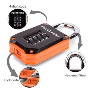 2 Pack FortLocks Gym Locker Lock - 4 Digit, Heavy Duty, Hardened Stainless Steel, Weatherproof and Outdoor Combination Padlock - Easy to Read Numbers - Resettable and Cut Proof Combo Code - Orange