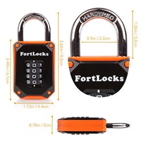 2 Pack FortLocks Gym Locker Lock - 4 Digit, Heavy Duty, Hardened Stainless Steel, Weatherproof and Outdoor Combination Padlock - Easy to Read Numbers - Resettable and Cut Proof Combo Code - Orange