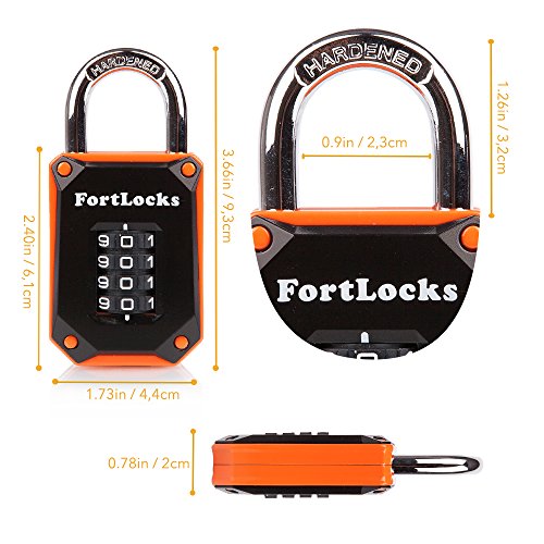 2 Pack FortLocks Gym Locker Lock - 4 Digit, Heavy Duty, Hardened Stainless Steel, Weatherproof and Outdoor Combination Padlock - Easy to Read Numbers - Resettable and Cut Proof Combo Code - Orange