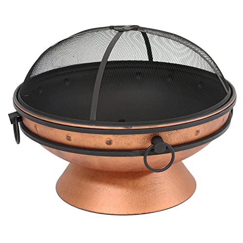 Sunnydaze 30-Inch Raised Outdoor Fire Pit Bowl - with Handles, Log Poker, and Spark Screen - Copper Finish