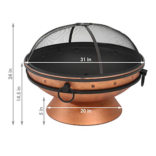 Sunnydaze 30-Inch Raised Outdoor Fire Pit Bowl - with Handles, Log Poker, and Spark Screen - Copper Finish