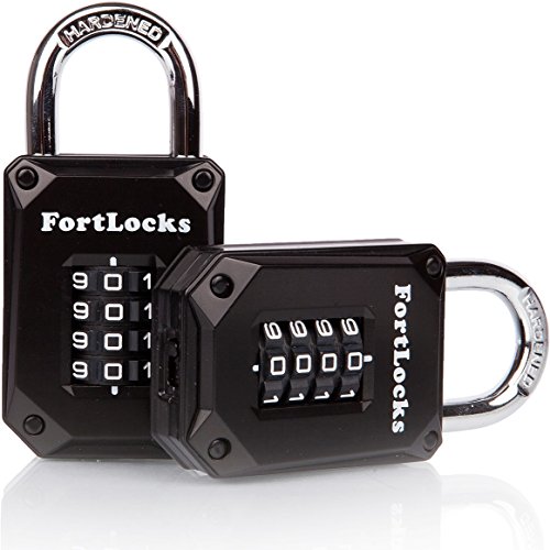 2 Pack FortLocks Gym Locker Lock - 4 Digit, Heavy Duty, Hardened Stainless Steel, Weatherproof and Outdoor Combination Padlock - Easy to Read Numbers - Resettable and Cut Proof Combo Code - Black