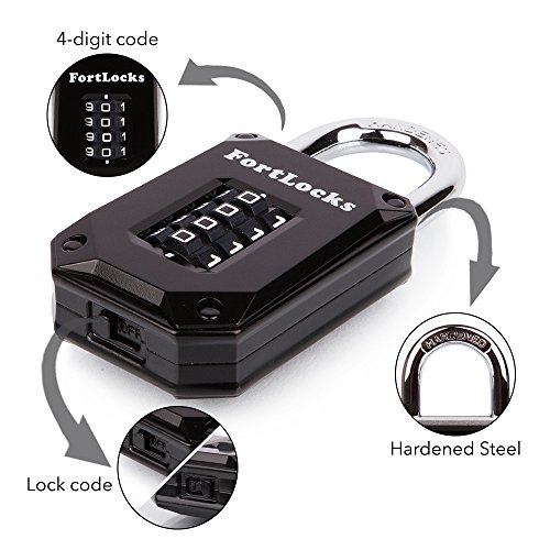 2 Pack FortLocks Gym Locker Lock - 4 Digit, Heavy Duty, Hardened Stainless Steel, Weatherproof and Outdoor Combination Padlock - Easy to Read Numbers - Resettable and Cut Proof Combo Code - Black