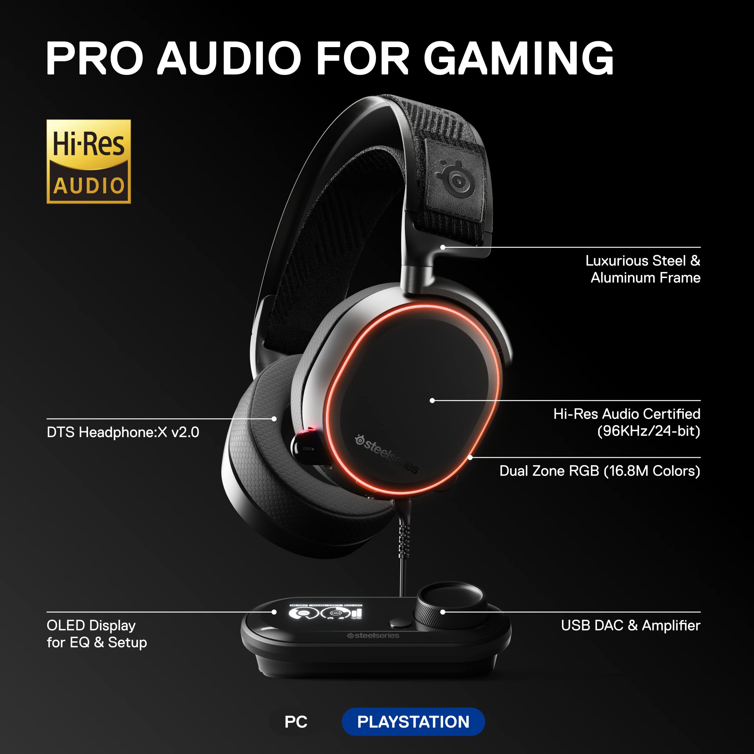 SteelSeries Arctis Pro + GameDAC Wired Gaming Headset - Certified Hi-Res Audio - Dedicated DAC and Amp - for PS5/PS4 and PC - Black