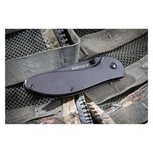 Sheffield 12169 Berda Assisted Survival Knife | 3 Inch Drop Point Folding Pocket Knife | Assisted Opening EDC Knife| Steel Handle | Tactical Knife for Camping, Men’s Gift, EDC & More | Pocket Clip