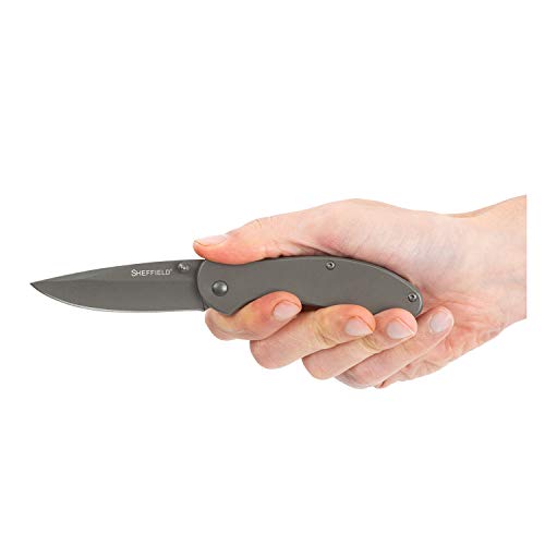 Sheffield 12169 Berda Assisted Survival Knife | 3 Inch Drop Point Folding Pocket Knife | Assisted Opening EDC Knife| Steel Handle | Tactical Knife for Camping, Men’s Gift, EDC & More | Pocket Clip