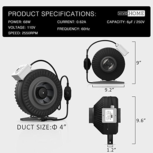 VIVOHOME 4 Inch 203 CFM Round Exhaust Inline Duct Fan with Speed Controller and Leather Sheath