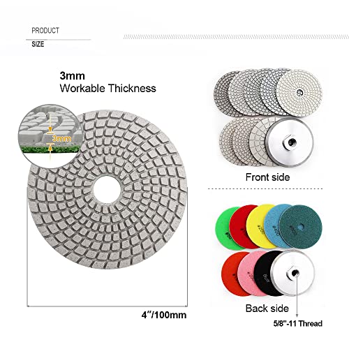 SHDIATOOL 4 - Inch Diamond Polishing Pads Wet Set of 8Pcs Plus An Aluminum Backer for Marble Granite Stone 100mm