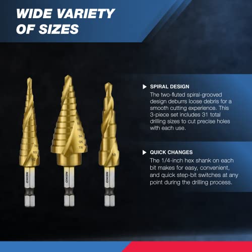 Neiko - 43219-22909 10181A Quick Change HSS Titanium Coated Spiral Grooved Step Drill Bit 3-Piece Set | 31 Step Sizes in One Kit