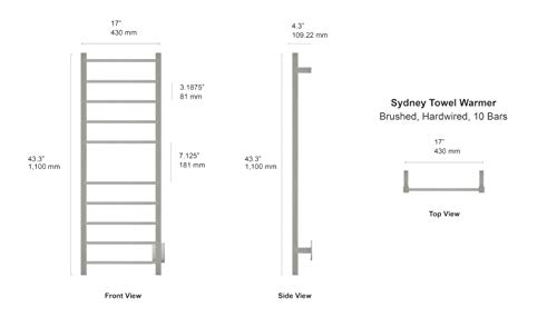 WarmlyYours Warmly Yours Sydney 10-Bar Electric Heated Bath Towel Warmer Rack, Brushed, Wall mountable, Hardwired, Grey