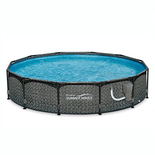 Summer Waves 12' x 33" Outdoor Round Metal Frame Above Ground Swimming Pool with Skimmer Filter Pump and Filter Cartridge, Gray Wicker