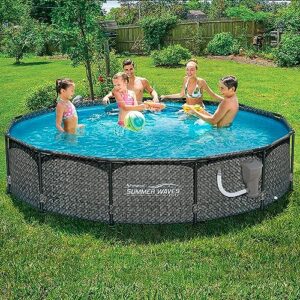 Summer Waves 12' x 33" Outdoor Round Metal Frame Above Ground Swimming Pool with Skimmer Filter Pump and Filter Cartridge, Gray Wicker