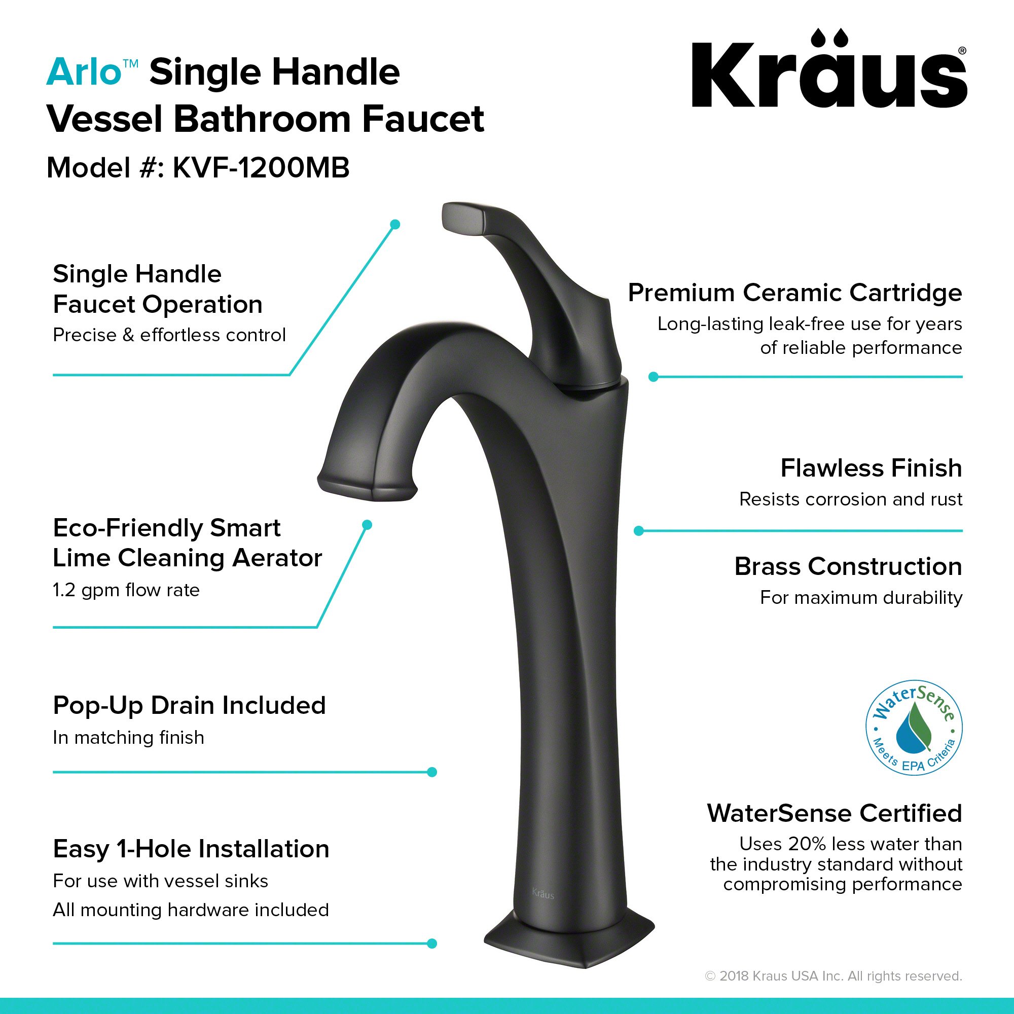 Kraus KVF-1200MB Arlo Bathroom Faucet, Matte Black