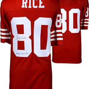 Jerry Rice San Francisco 49ers Autographed Red Mitchell & Ness Replica Jersey with "HOF 2010" Inscription - Autographed NFL Jerseys