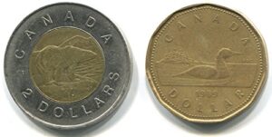 real canadian $1.00 & $2.00 dollar looney, tooney coins, loonie & toonie money set