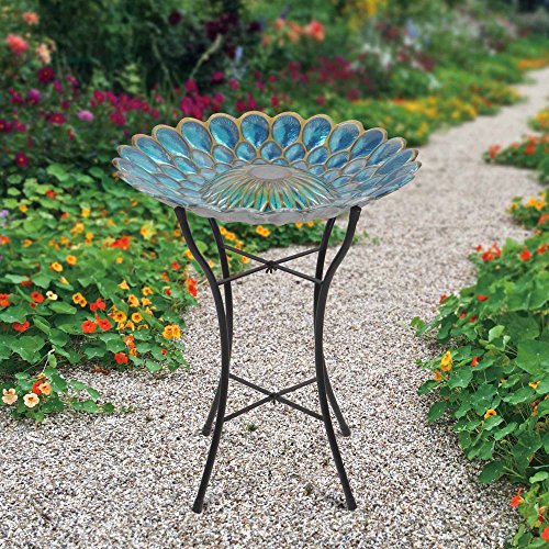 Peaktop Handpainted Mosaic Fusion Glass Solar Birdbath Bowl Feeder with LED Light for Outdoor Patio Garden Backyard Decking, 21 Inch Height, Blue