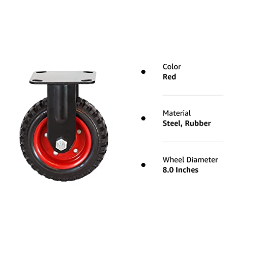 POWERTEC 8 Inch Heavy Duty Fixed Caster Wheels, Pneumatic Plate Casters with Rubber Knobby Tread for Workbench, Dolly, Cart, Trolley, Wagon & Chicken Coop, Large Castor Wheels, 1pk (17053)