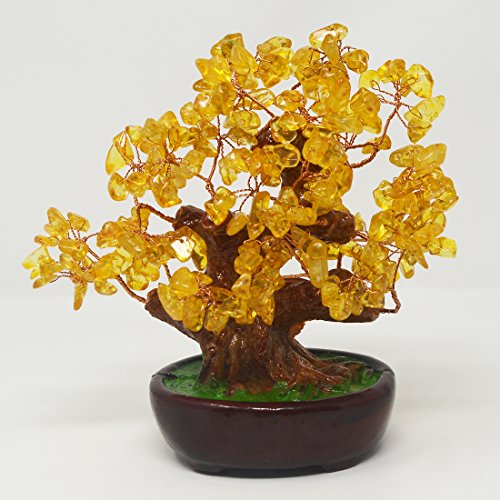 Feng Shui Natural Yellow Quartz Crystal Money Tree Bonsai Style Decoration for Wealth and Luck HN131