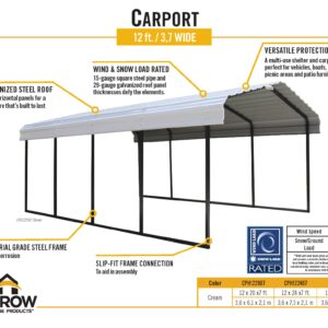 Arrow Shed CPH122907 29-Gauge Carport with Galvanized Steel Roof Panels, 12' x 29' x 7', Eggshell