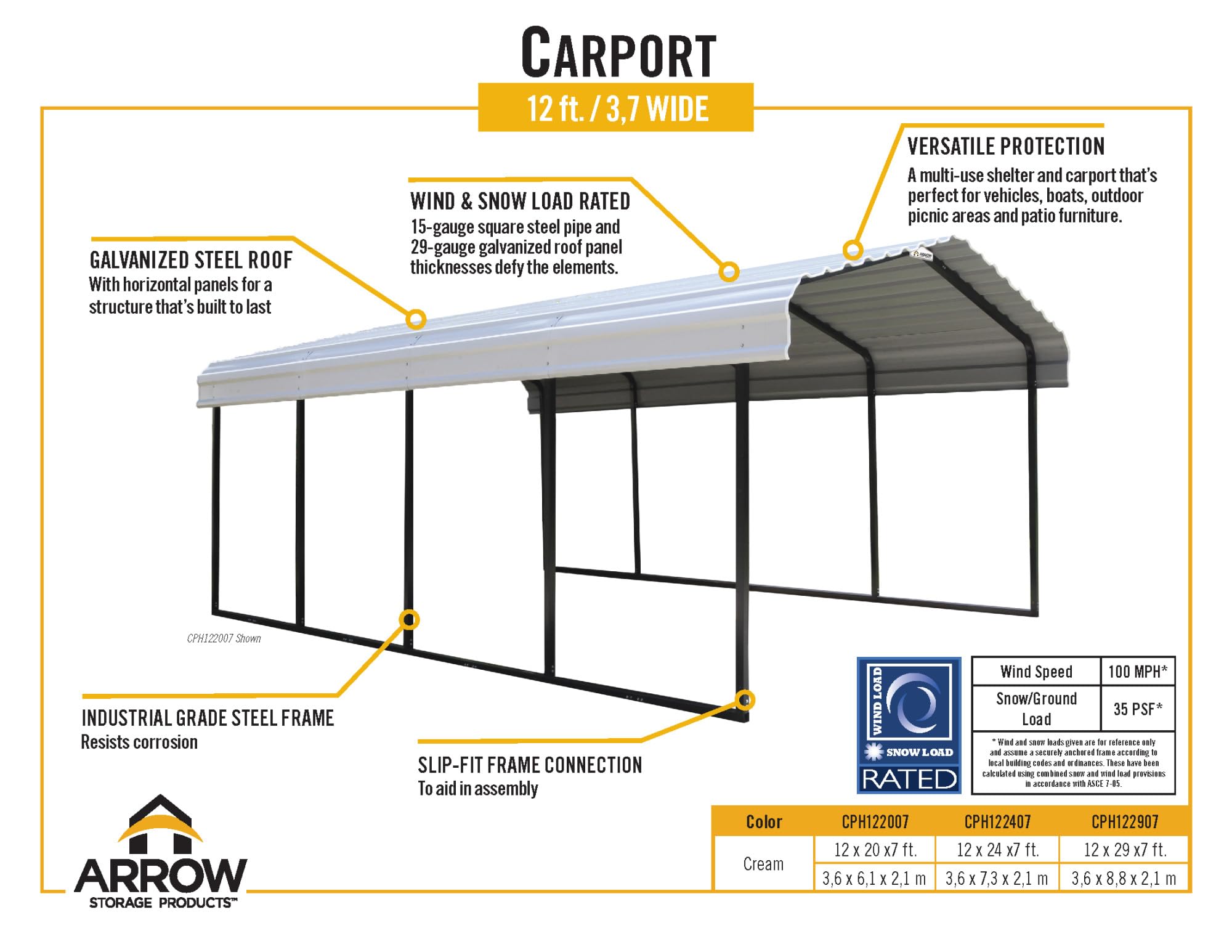 Arrow Shed CPH122907 29-Gauge Carport with Galvanized Steel Roof Panels, 12' x 29' x 7', Eggshell