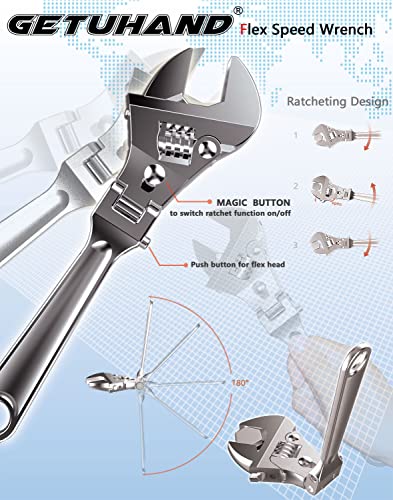 GETUHAND Flexhead Adjustable Wrench 8", Flex Ratcheting Wrench with 180 Degree Rotating Head