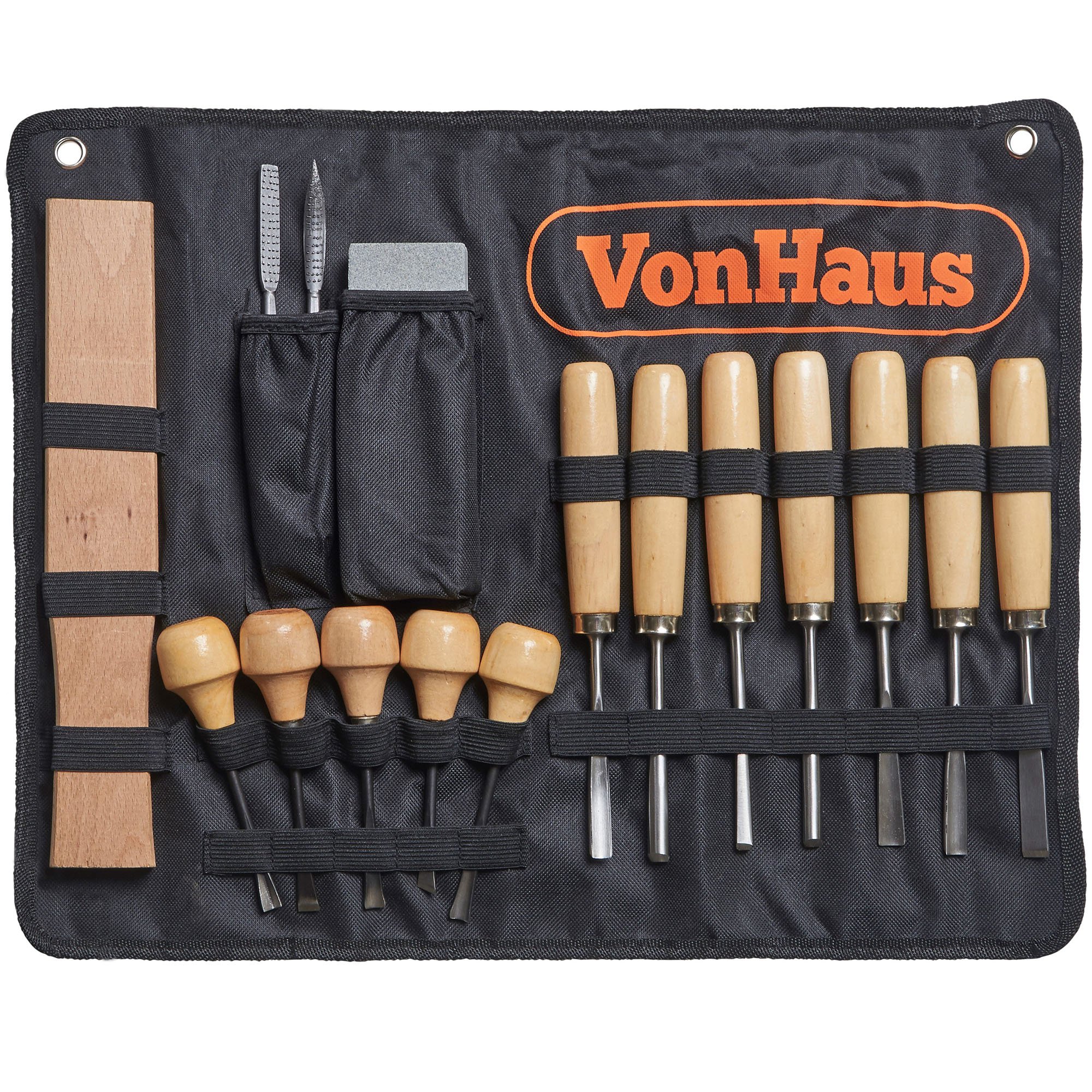 VonHaus 16pc Wood Carving Tool Set with Wood Knives, Carving Tools, Files Sharpening Stone and Mallet - Beginner Woodworking Chisels with Carry Case