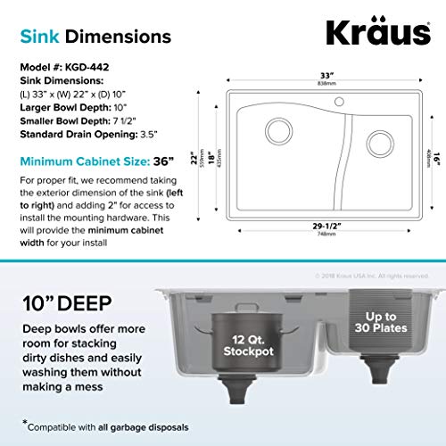 Kraus Quarza Kitchen Sink | 33-Inch 60/40 Bowls | Black Granite | KGD-442 model