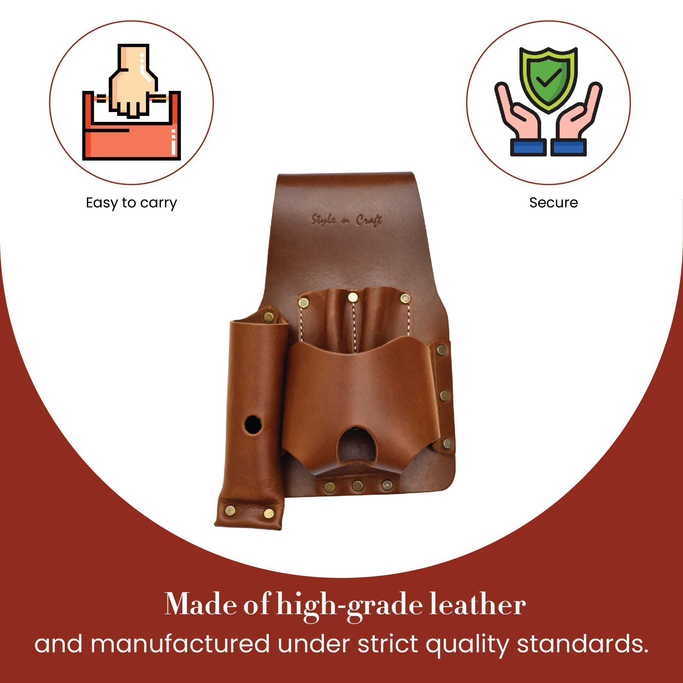 Style n Craft Tape and Knife Holder, Full-Grain Leather Tool Holder with Tape Holder, Knife Sheath, and Pencil Holder, Dark Tan (98015)