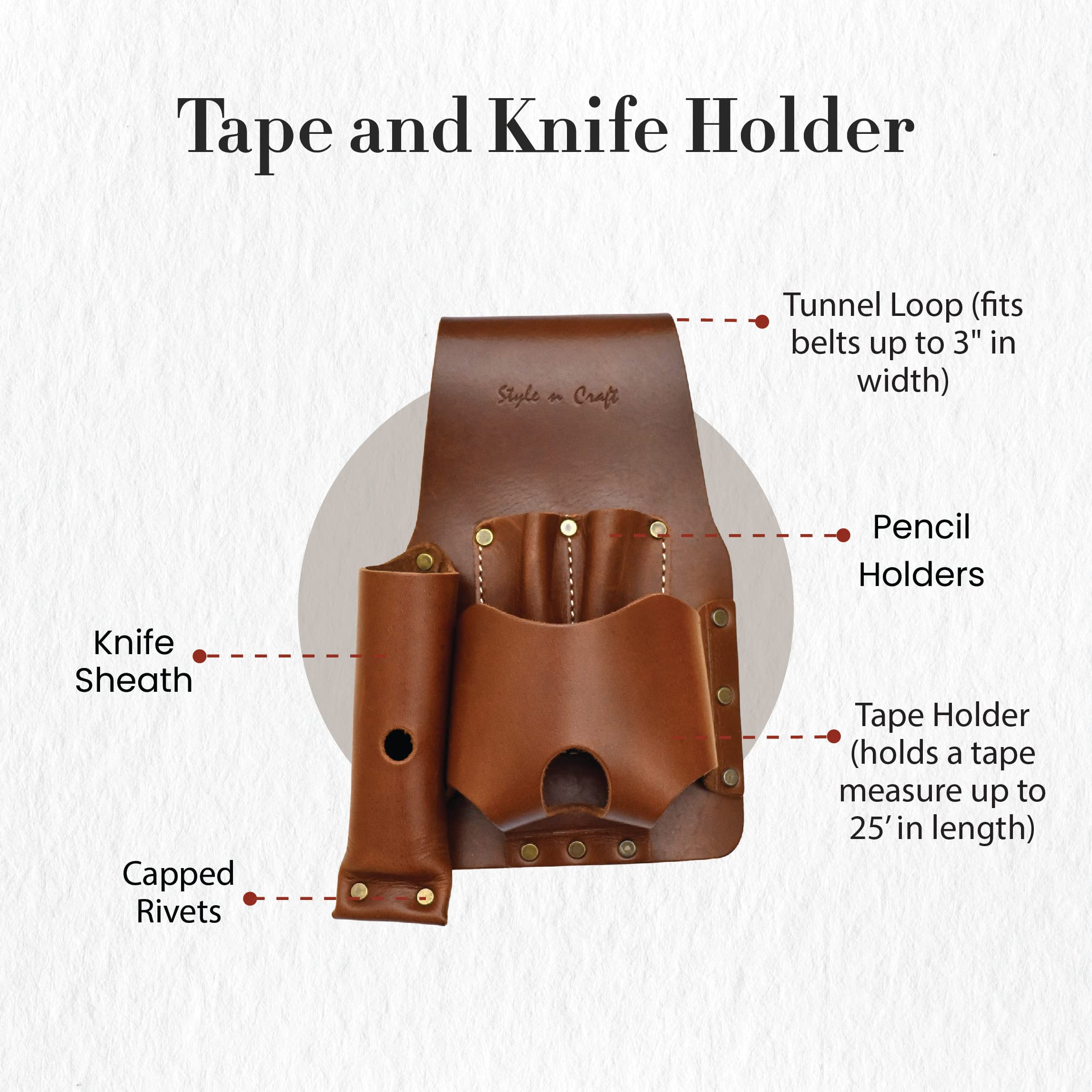 Style n Craft Tape and Knife Holder, Full-Grain Leather Tool Holder with Tape Holder, Knife Sheath, and Pencil Holder, Dark Tan (98015)