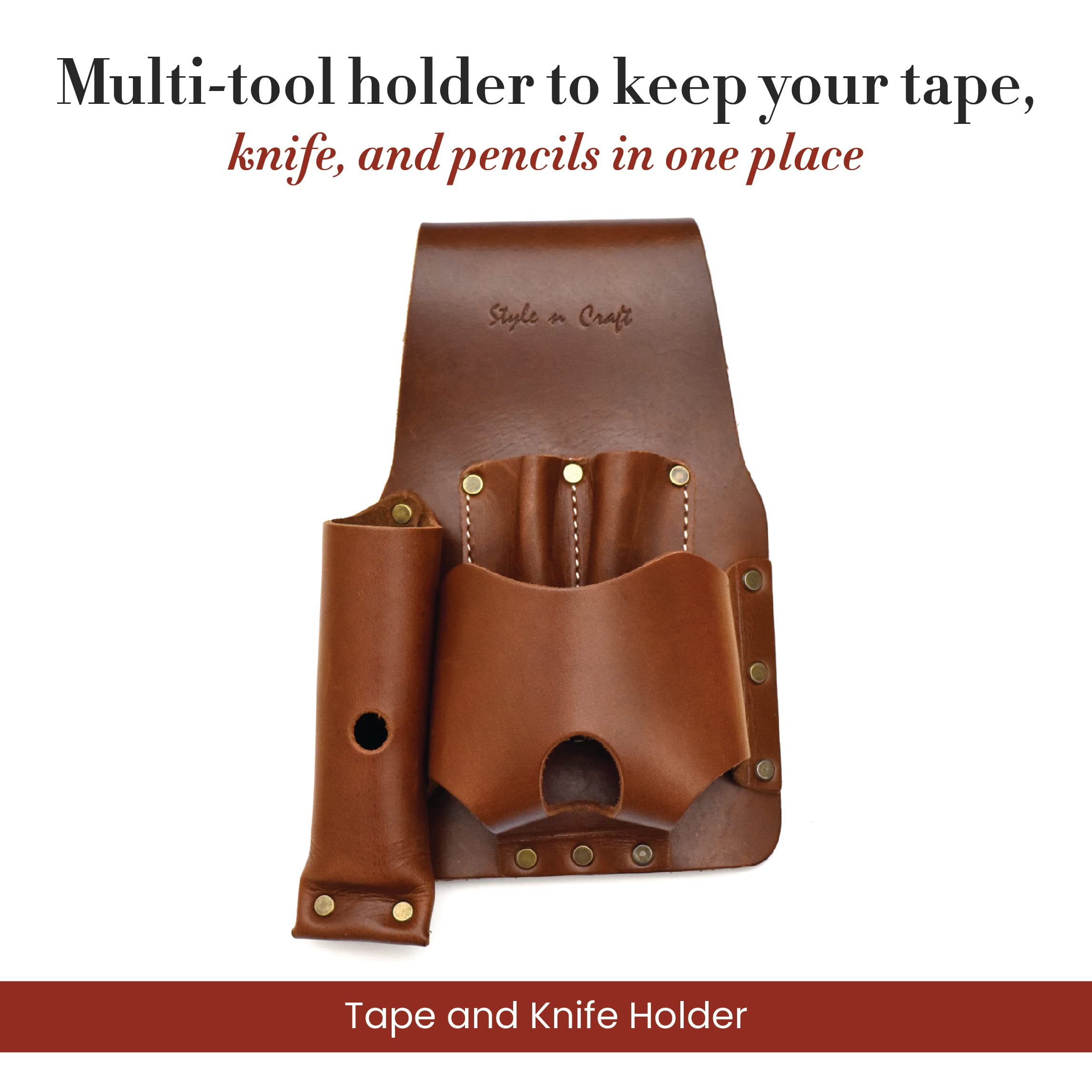 Style n Craft Tape and Knife Holder, Full-Grain Leather Tool Holder with Tape Holder, Knife Sheath, and Pencil Holder, Dark Tan (98015)