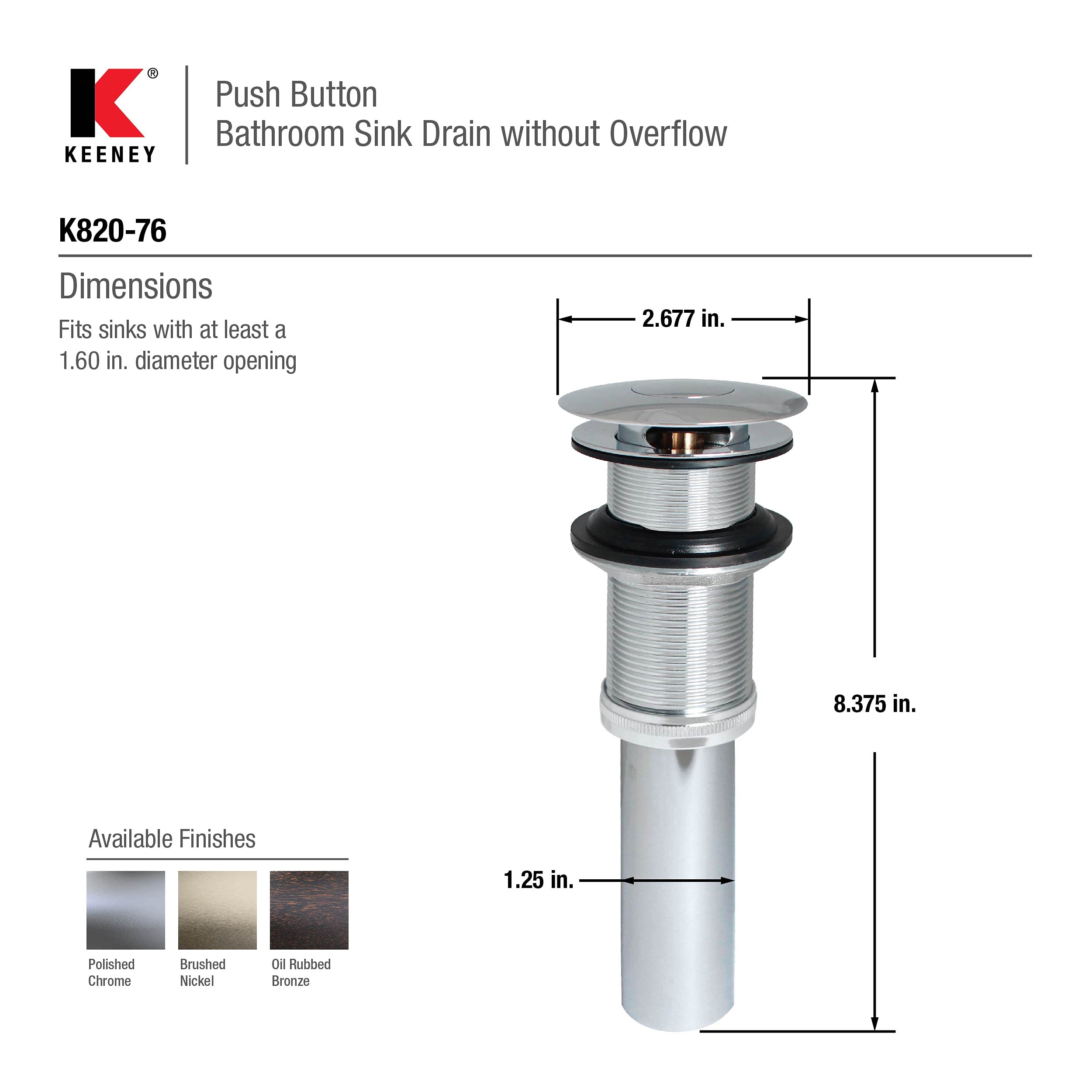 Keeney K820-76BRZ Universal Push Button Bathroom Sink Drain Without Overflow - Oil Rubbed Bronze