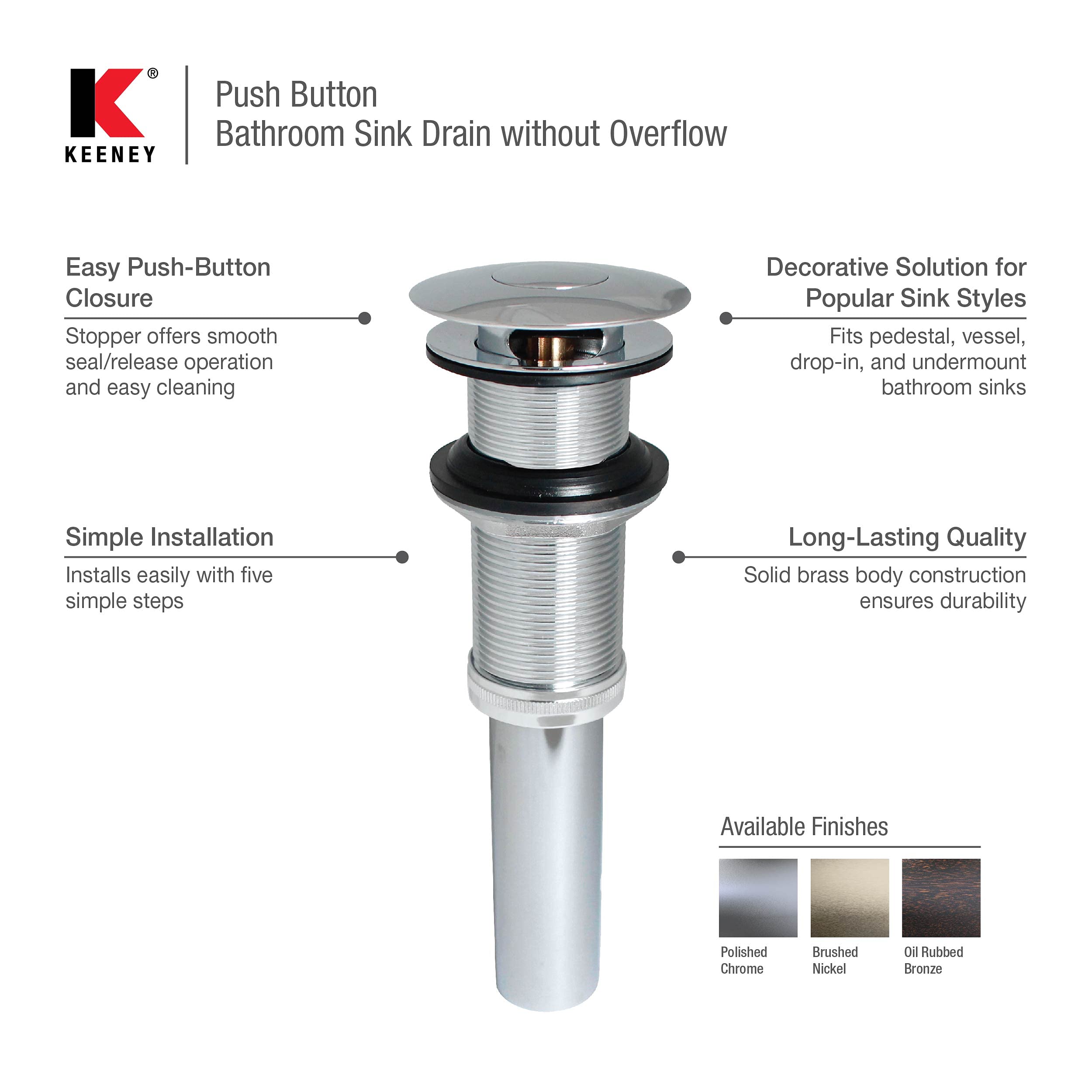 Keeney K820-76BRZ Universal Push Button Bathroom Sink Drain Without Overflow - Oil Rubbed Bronze