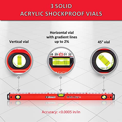 Kapro - 770 Exodus Professional Box Level - 72 Inches - With 45° Vial & Ruler - For Leveling, Measuring, Marking, and Cutting - Features 3 Vials, Precise Straightedge, and Wall-Grip