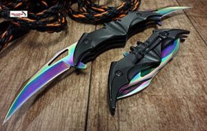 new! dark knight bat spring assisted open folding double blade dual twin 3 colors pocket knife tactical belt clip black gold rainbow knives great gift (rainbow)