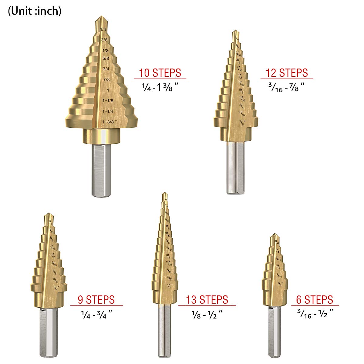 HYCLAT 5PCS Step Drill Bit Set & 1PC Automatic Center Punch | Titanium High-Speed Steel (HSS) Stepper Cone Drill Bit | Covering 50 Sizes(1/8''-1 3/8''), 135 Degree Point, with Aluminum Case