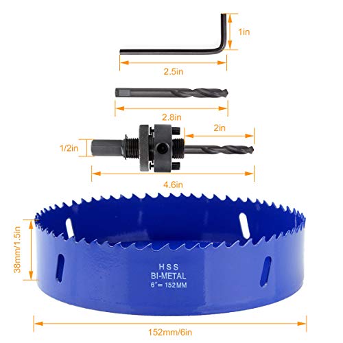 ASelected 6 inch 152 mm Hole Saw Blade for Cornhole Boards/Corn Hole Drilling Cutter & Hex Shank Drill Bit Adapter for Cornhole Game/Carbon Steel & BI-Metal Heavy Duty Steel (Blue)