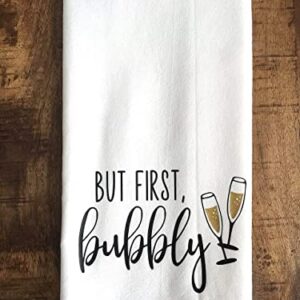 Handmade Funny Kitchen Towel - 100% Cotton Funny Hand Bar Towels for Champagne Celebrations - 28x28 Inch Perfect for Hostess Housewarming Christmas Mother’s Day Birthday Gift (But First Bubbly)