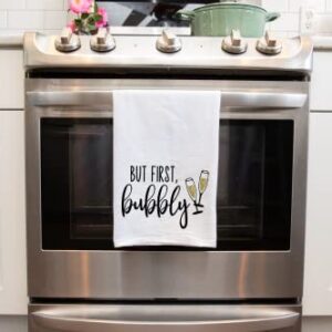 Handmade Funny Kitchen Towel - 100% Cotton Funny Hand Bar Towels for Champagne Celebrations - 28x28 Inch Perfect for Hostess Housewarming Christmas Mother’s Day Birthday Gift (But First Bubbly)