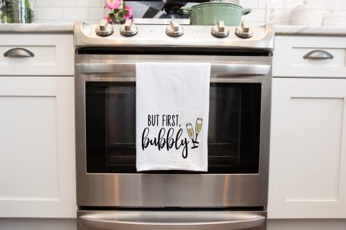 Handmade Funny Kitchen Towel - 100% Cotton Funny Hand Bar Towels for Champagne Celebrations - 28x28 Inch Perfect for Hostess Housewarming Christmas Mother’s Day Birthday Gift (But First Bubbly)